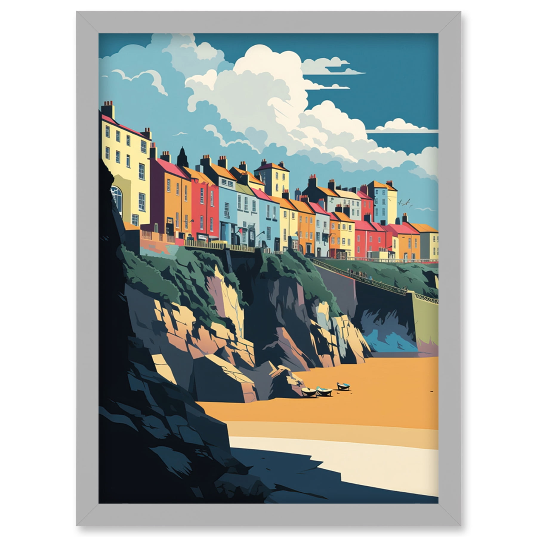 Tenby Harbour Beach Coastal Town Illustration Artwork Framed Wall Art ...