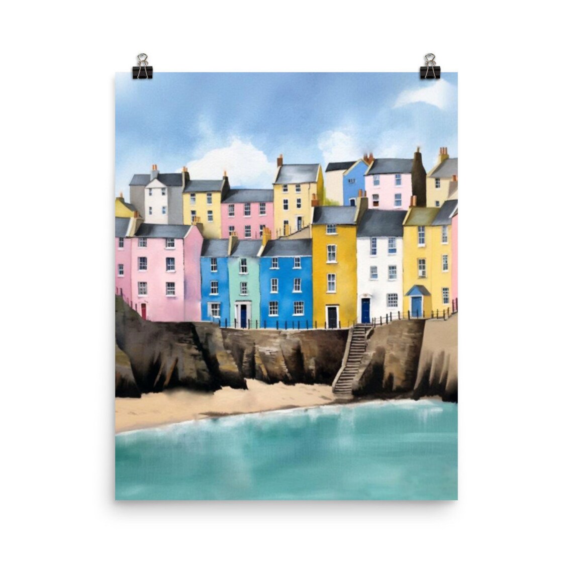 Tenby Harbour Print, Colorful Welsh Seaside Wall Art, Coastal Cityscape ...