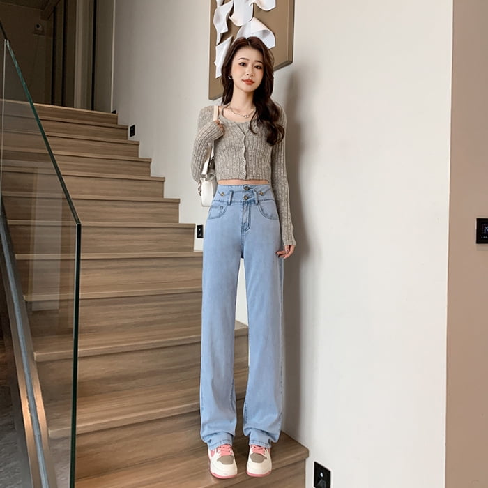 Tencel jeans women's light blue high waist elastic drape mopping straight loose ice silk pants ...