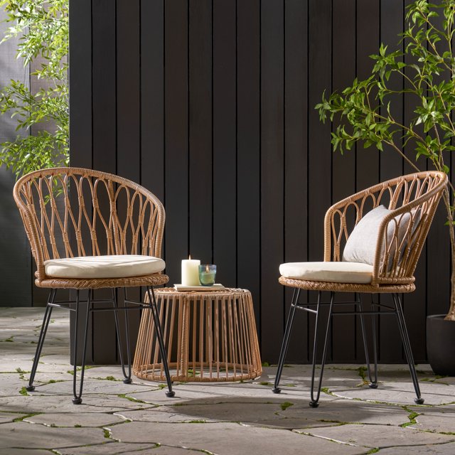 Tendoy Wicker Outdoor 3 Piece Chat Set with Cushions, Light Brown ...