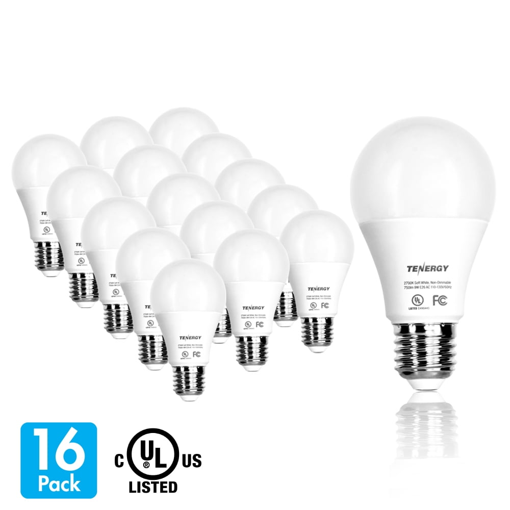 Tenergy 16 Pack 9W LED Bulb, Warm White 60 Watt Equivalent, A19 LED ...