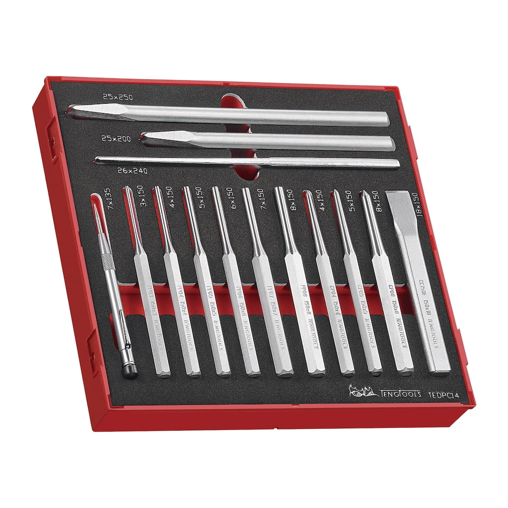 Teng Tools 14 Piece Parallel Pin Punch, Flat Cold Chisel and Centre ...