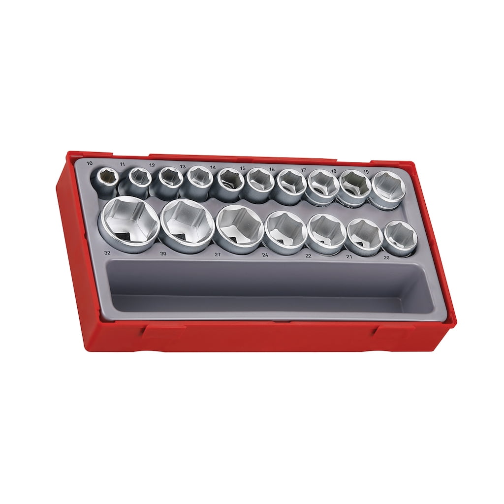 Teng Tools 17 Piece 1/2 Inch Drive Metric 6 Point Regular/Shallow Socket Set (10mm-32mm ...