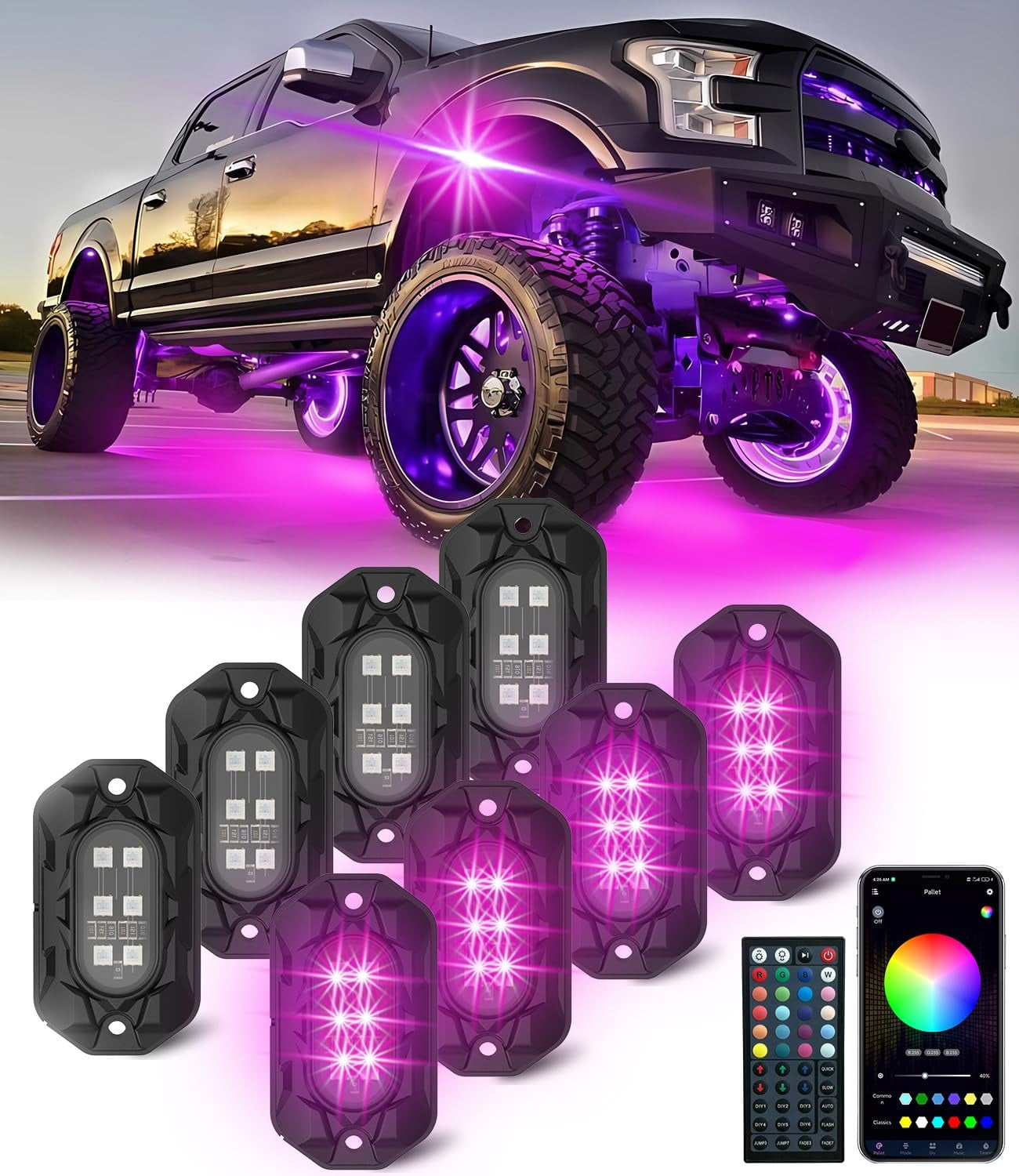 Tenmiro Car RGB LED Rock Lights BSL1 Kit, 8 pods Waterproof IP68 High ...