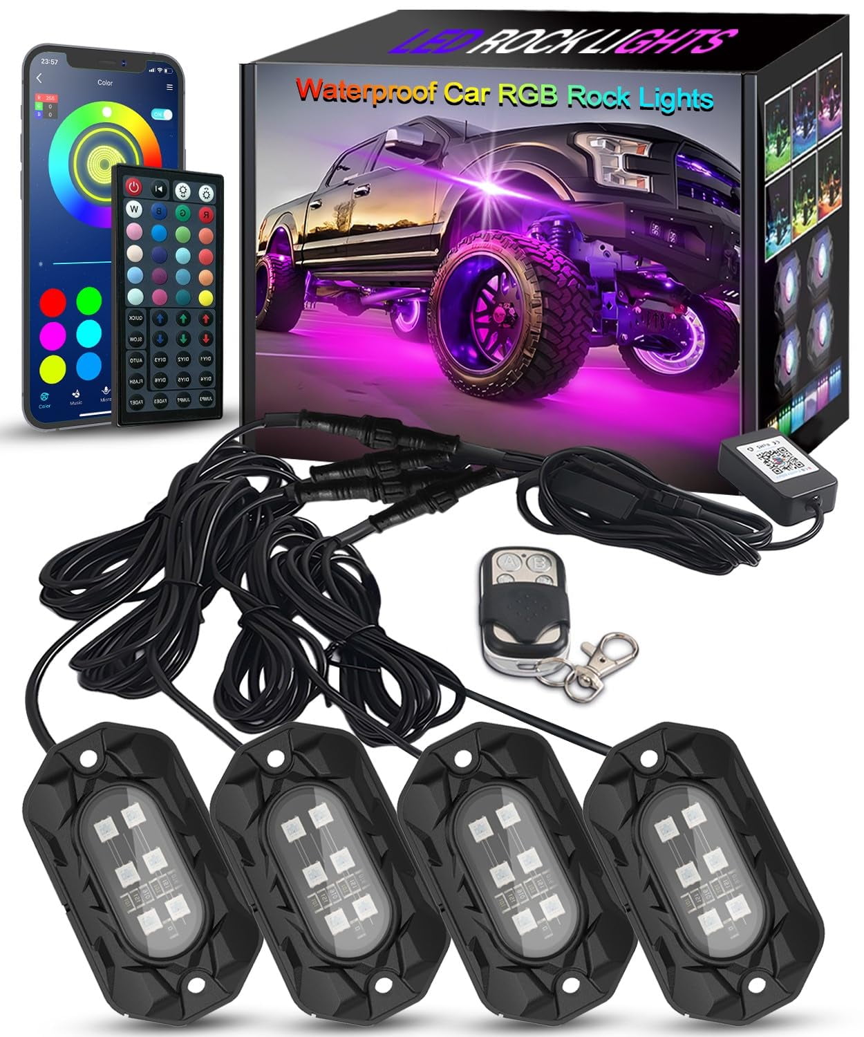 Tenmiro Car RGB LED Rock Lights Kit, 4 pods High Bright Multilcolor ...