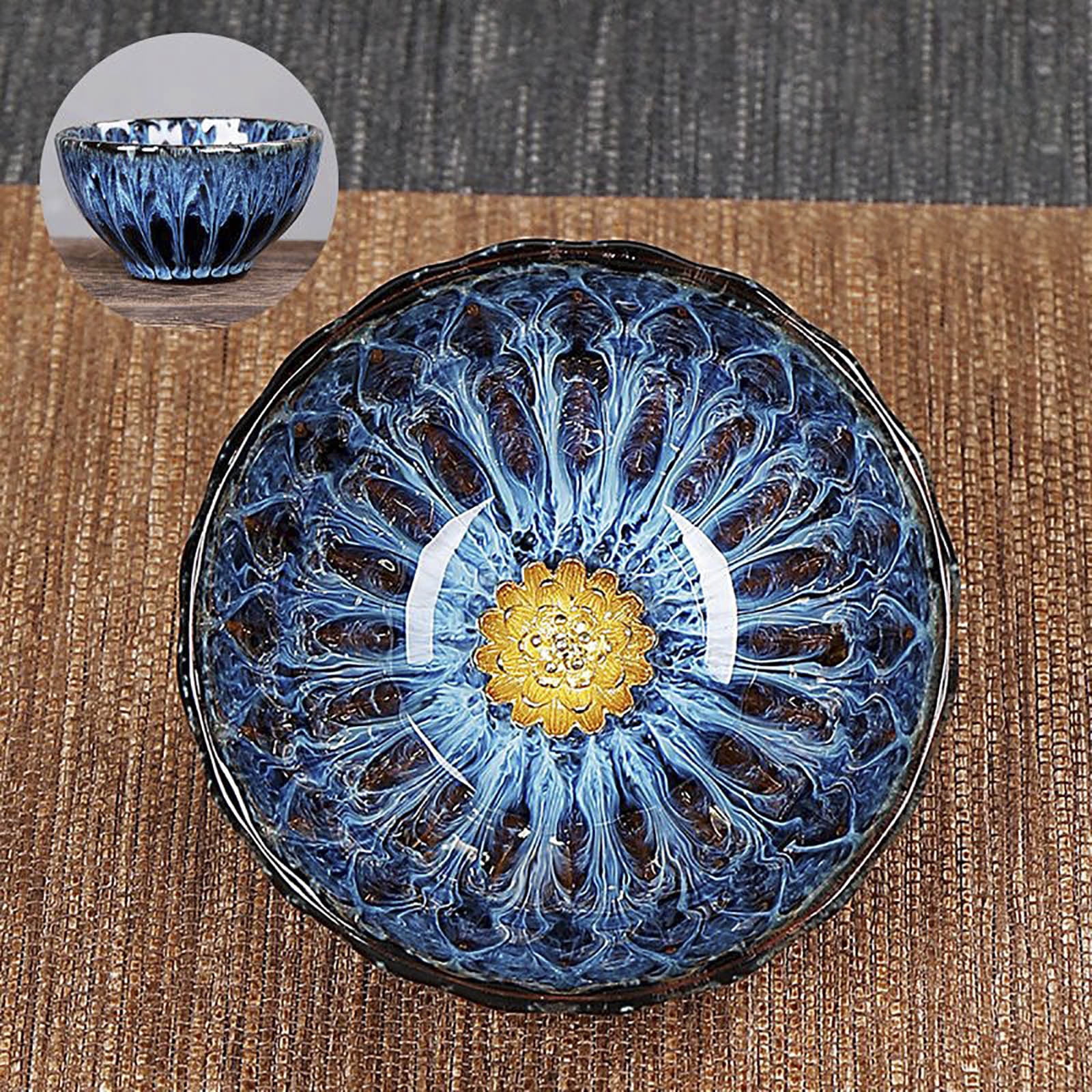 Tenmoku Lotus Tea Cup, Tenmoku Tea Cup with Gold Peacock, Chinese ...