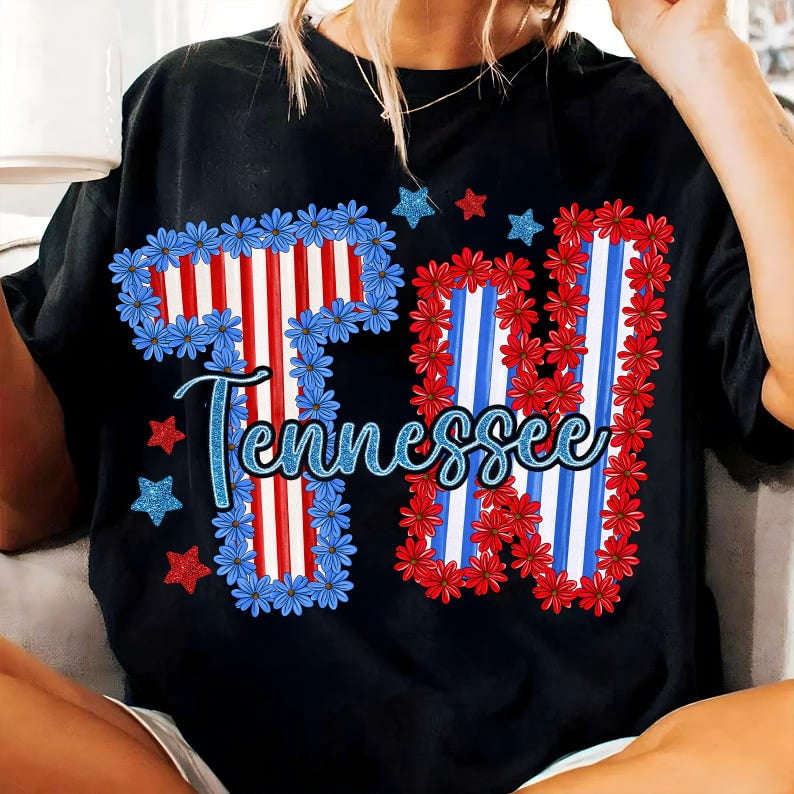 Tennessee 4th of July Tee – Floral Patriotic State Shirt with Red White ...