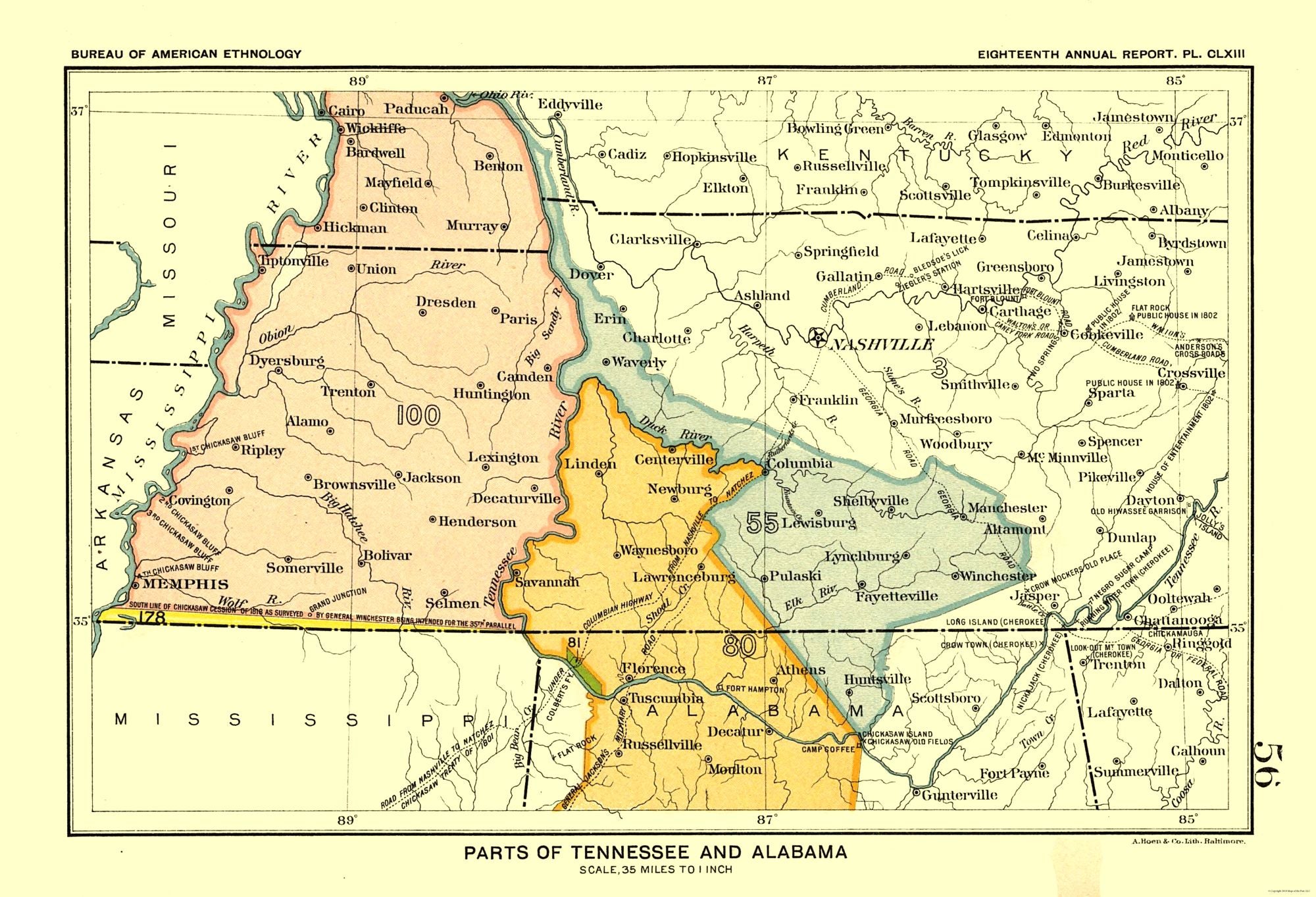 Historic State Map - Tennessee Alabama - Hoen 1896 - 33.75 x 23 ...
