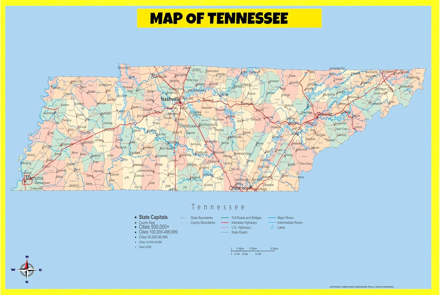 Tennessee Map Poster - Laminated Wall Map - Style A - 24x36 - Ideal for Classrooms and Homes ...