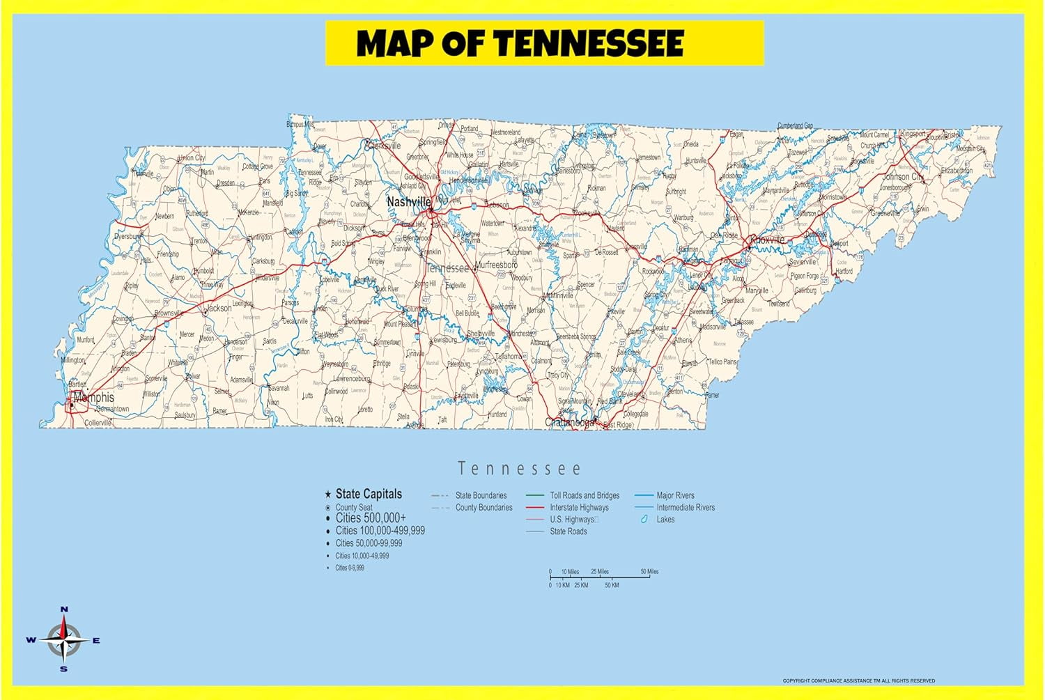Tennessee Map Poster - Laminated Wall Map - Style B - 24x36 - Ideal for ...