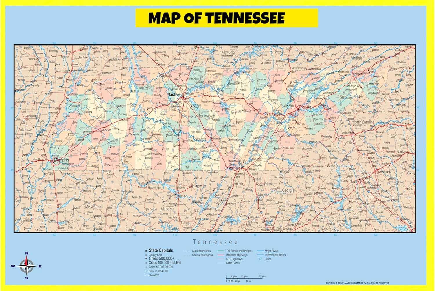 Tennessee Map Poster - Laminated Wall Map - Style C - 20x30 - Ideal for ...