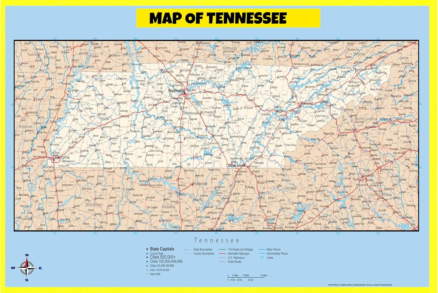 Tennessee Map Poster - Laminated Wall Map - Style D - 20x30 - Ideal for ...
