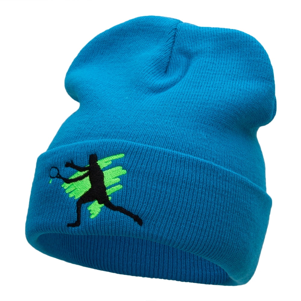 Tennis Action Player Silhouette Embroidered Long Knitted Beanie - Aqua ...