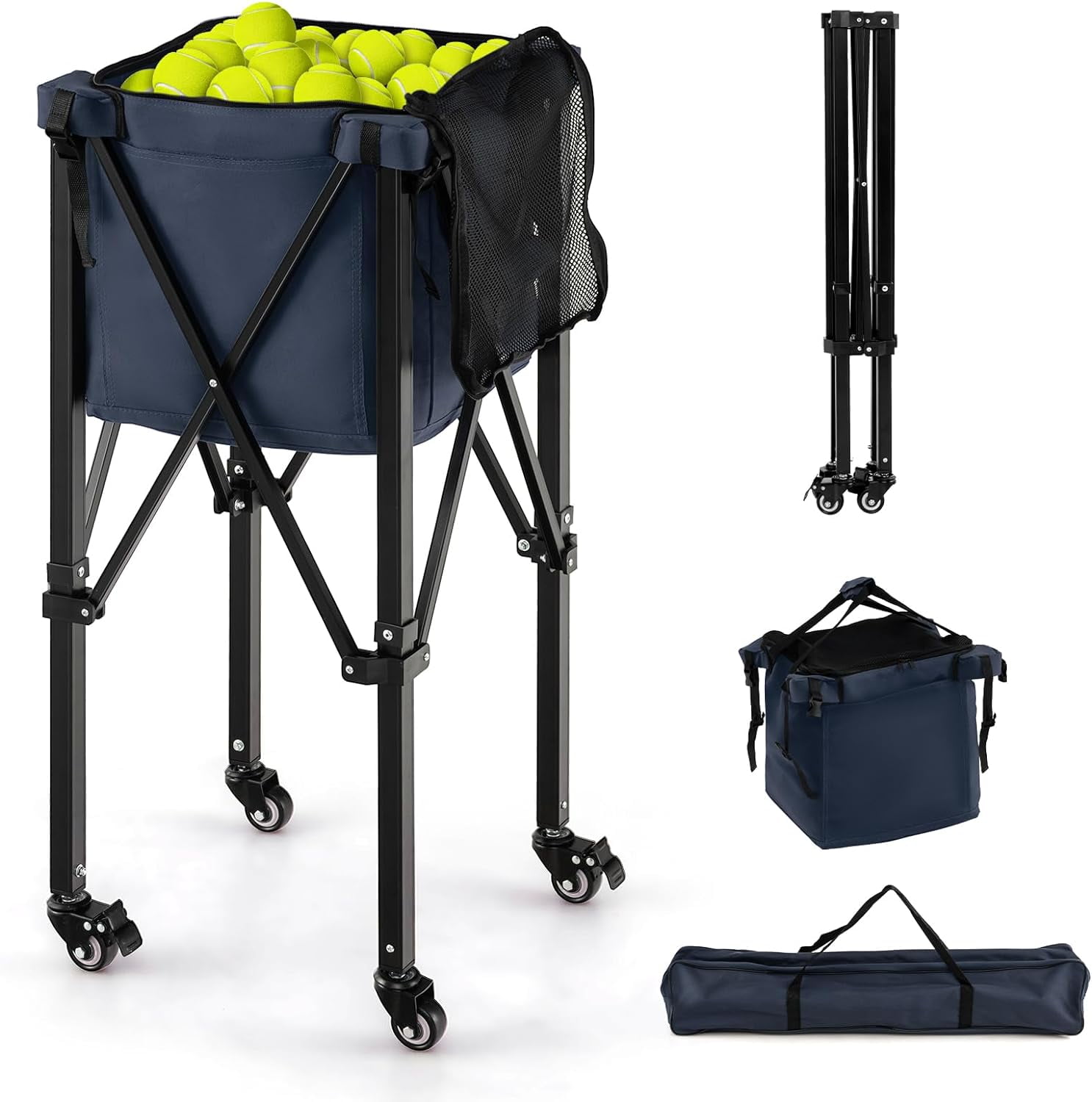 Tennis Ball Hopper, Folding 150 Tennis Ball Holder Cart with Carry Bag ...