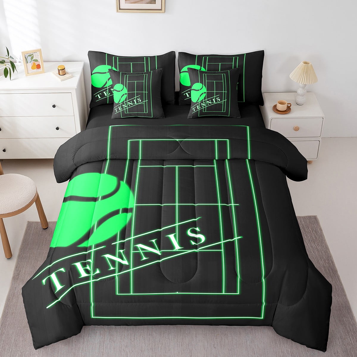 Tennis Bedding Twin Size 7-Piece Teens Black Green Comforter Set ...