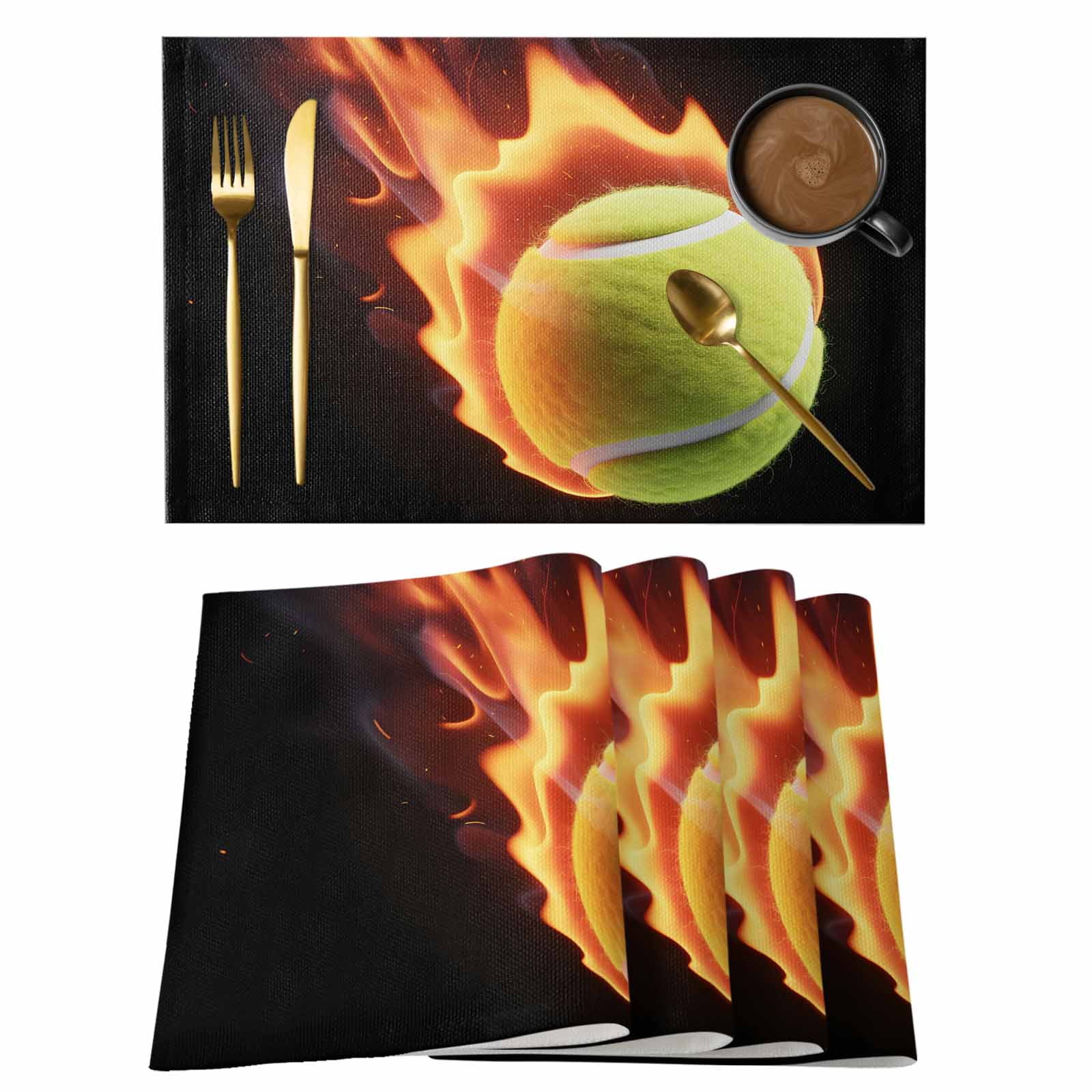 Tennis Placemats Set of 6, Modern Sport Glowing Ball Black Background ...