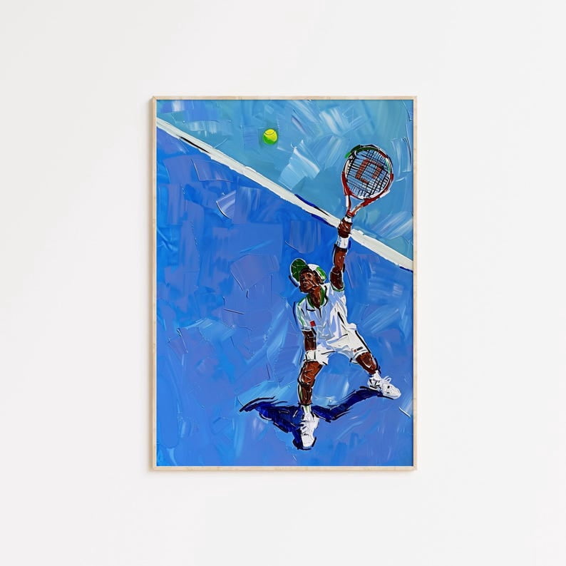 Tennis Player Art Print - Blue Court Sports Poster, Athletic Wall Decor ...