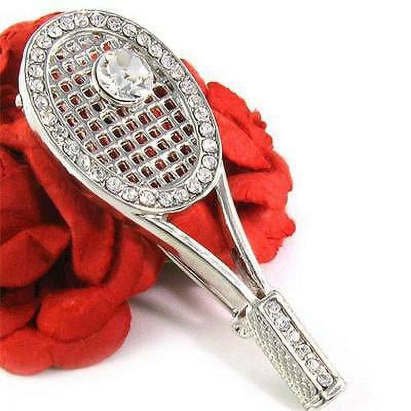 Tennis Racket Ball Sports Brooch Pin Clear Crystal Stone Costume Silver ...