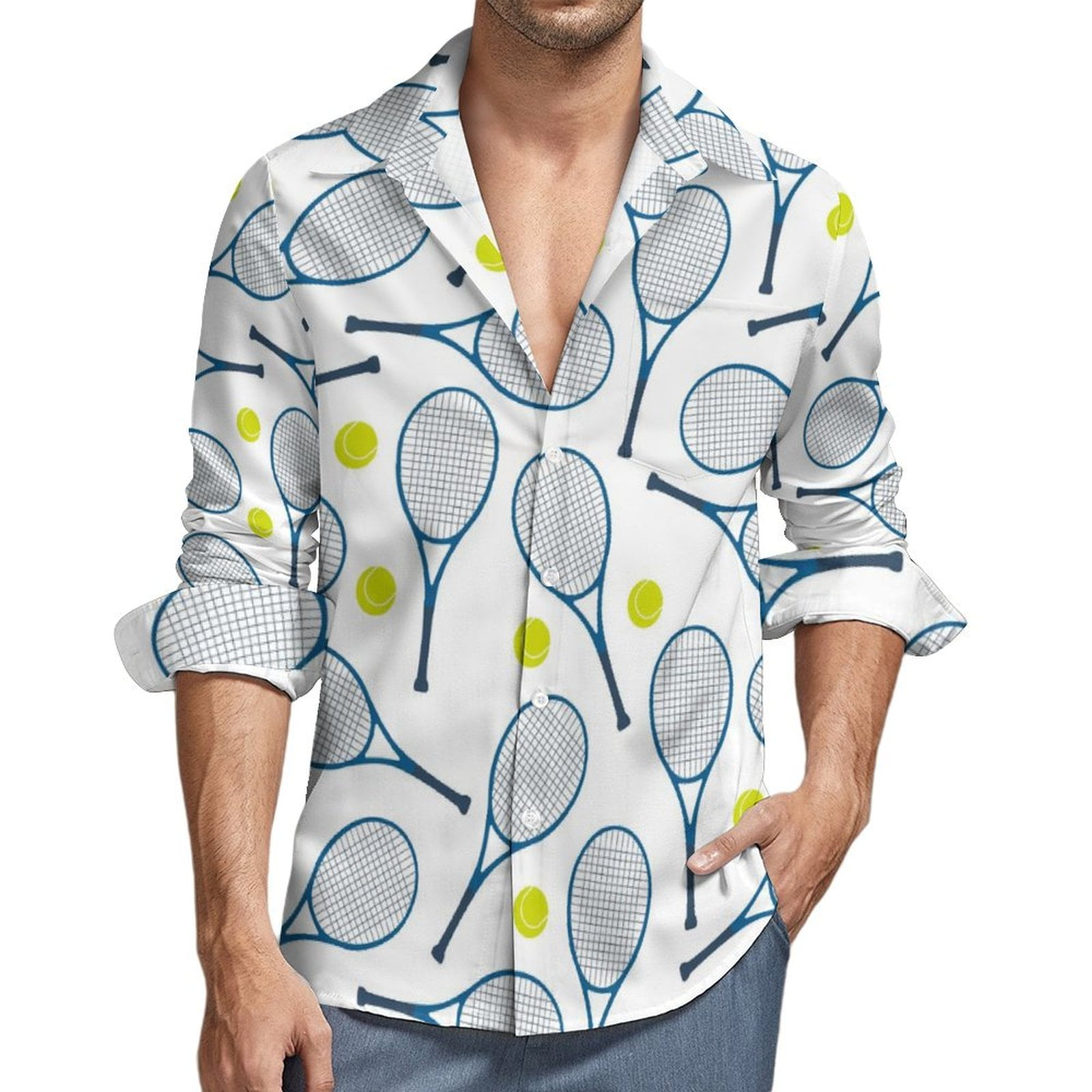 Tennis Rackets And Balls Mens Long Sleeve Button Down Shirts, Casual Men's Button Up Shirt with ...
