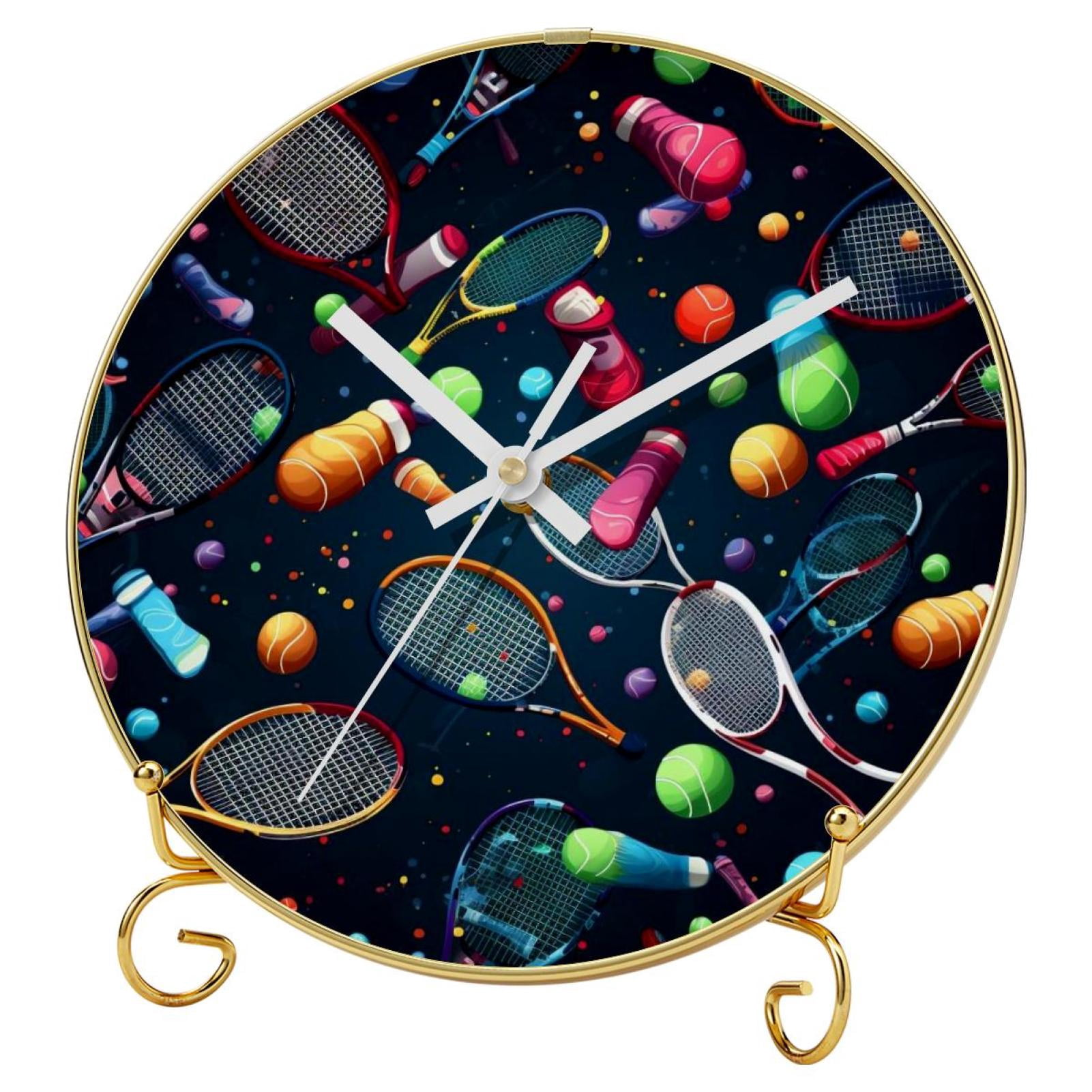 Tennis Round Printed Wall Clocks with Hooks and Gold Stand, Silent Non ...