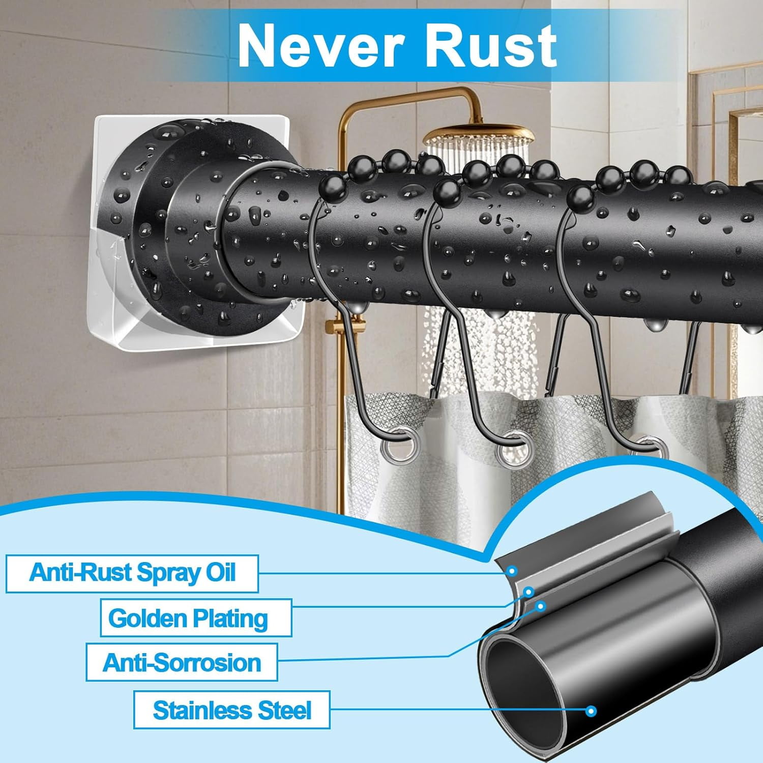 Tension Curtain Rod 34-120In(3-10Ft) with 2 Rod Holders, No Drilling ...