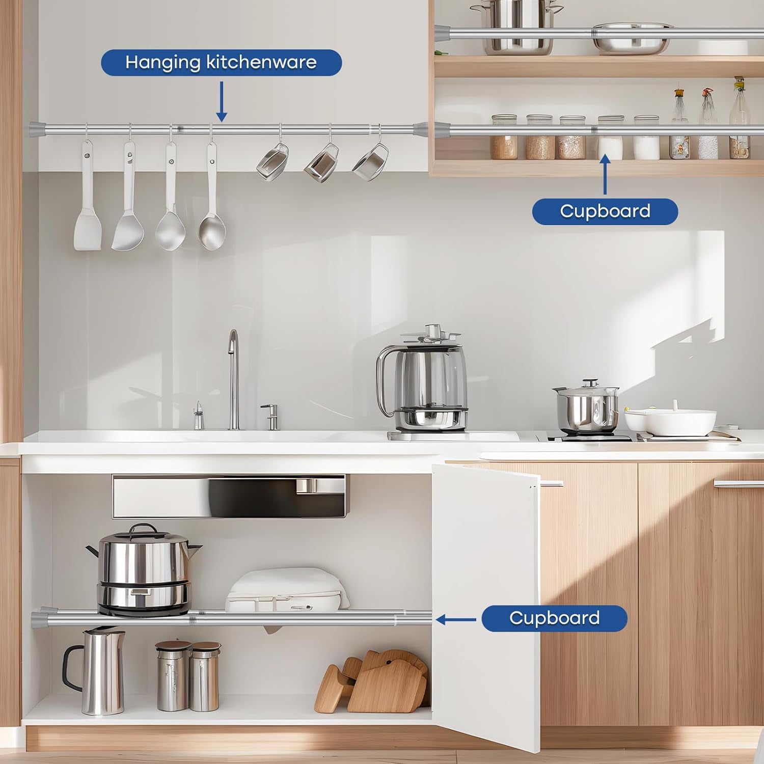 Tension Curtain Rod，Small Tension Rod，7/8” Diameter Spring Loaded ...