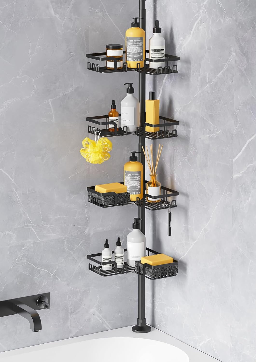 Tension Pole Corner Shower Caddy – 4-Tier Adjustable Bathroom Shower ...