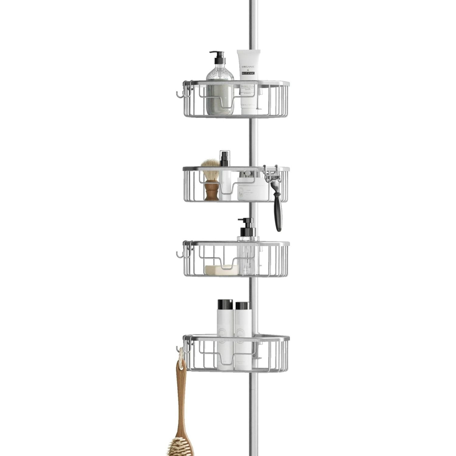 Tension Pole Shower Caddy with 4 Shelves and Hooks, Satin Chrome, 60 ...