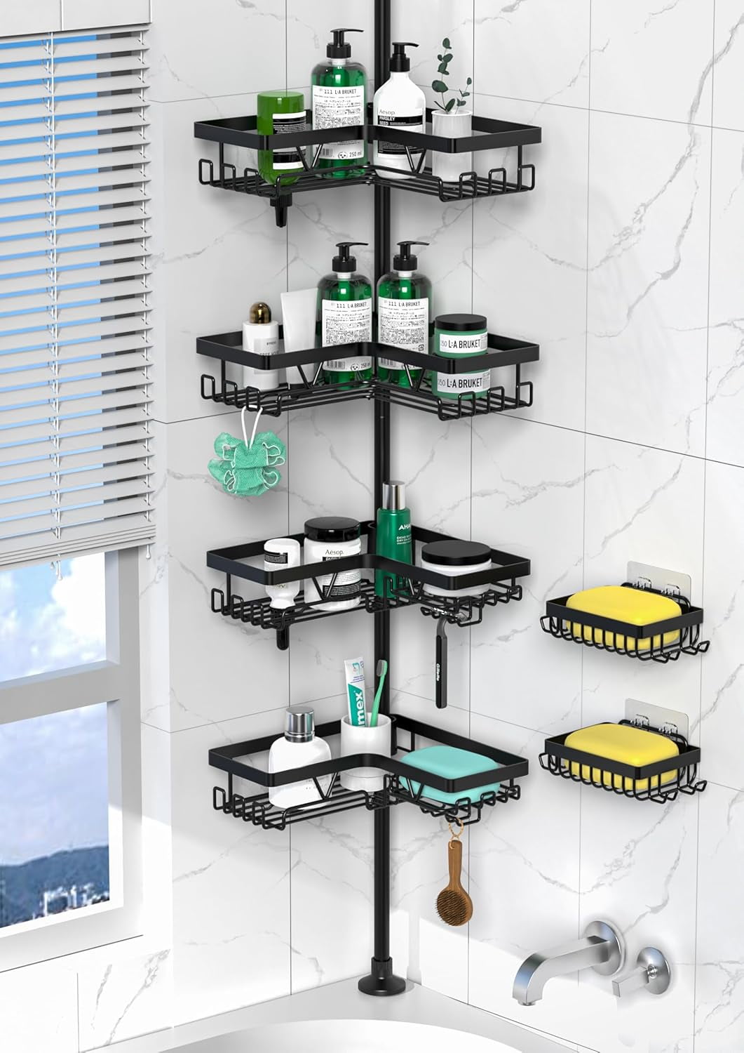 Tension Pole Shower Caddy Corner - 4 Tier Floor to Ceiling Bathroom ...