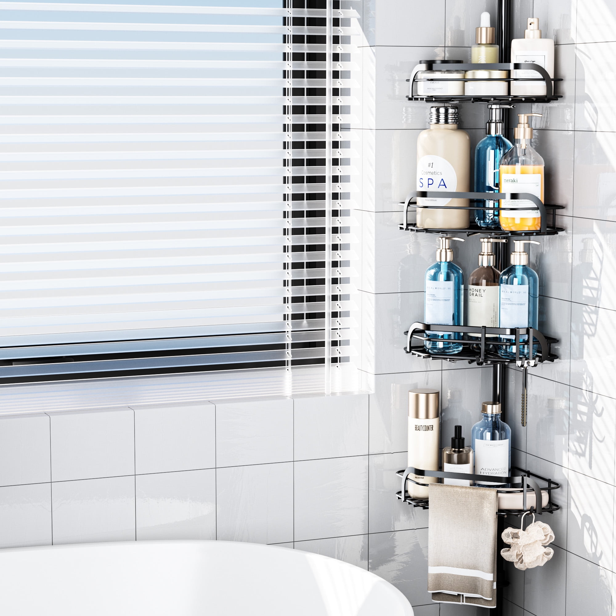 Shower Caddy Tension Pole, LAMU 4-Tier Adjustable Corner Shelves Storage Organizer Stainless ...