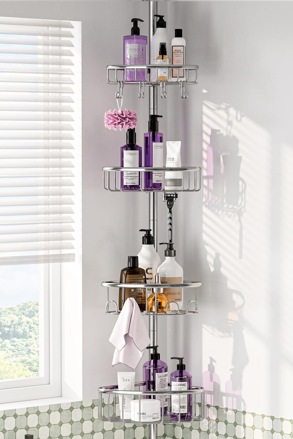 Corner Shower Caddy Tension Pole: Stainless Steel Rustproof 4-Tier ...