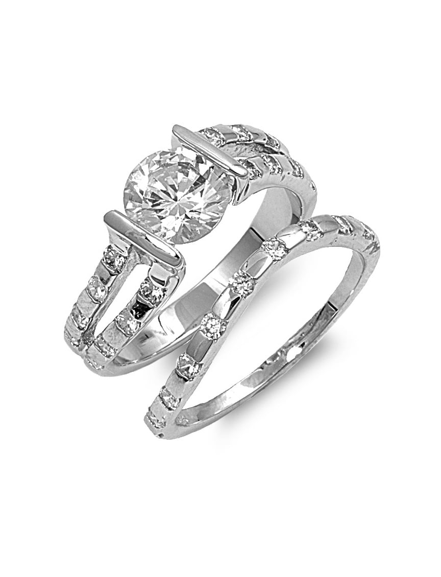 Tension Set Round Center with Round Stones Cubic Zirconia Wedding Set ...