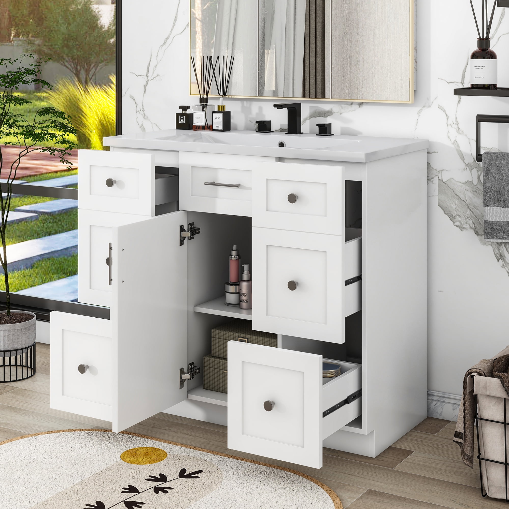 Tensun 36" Modern White Bathroom Vanity with Sink, Freestanding Cabinet ...