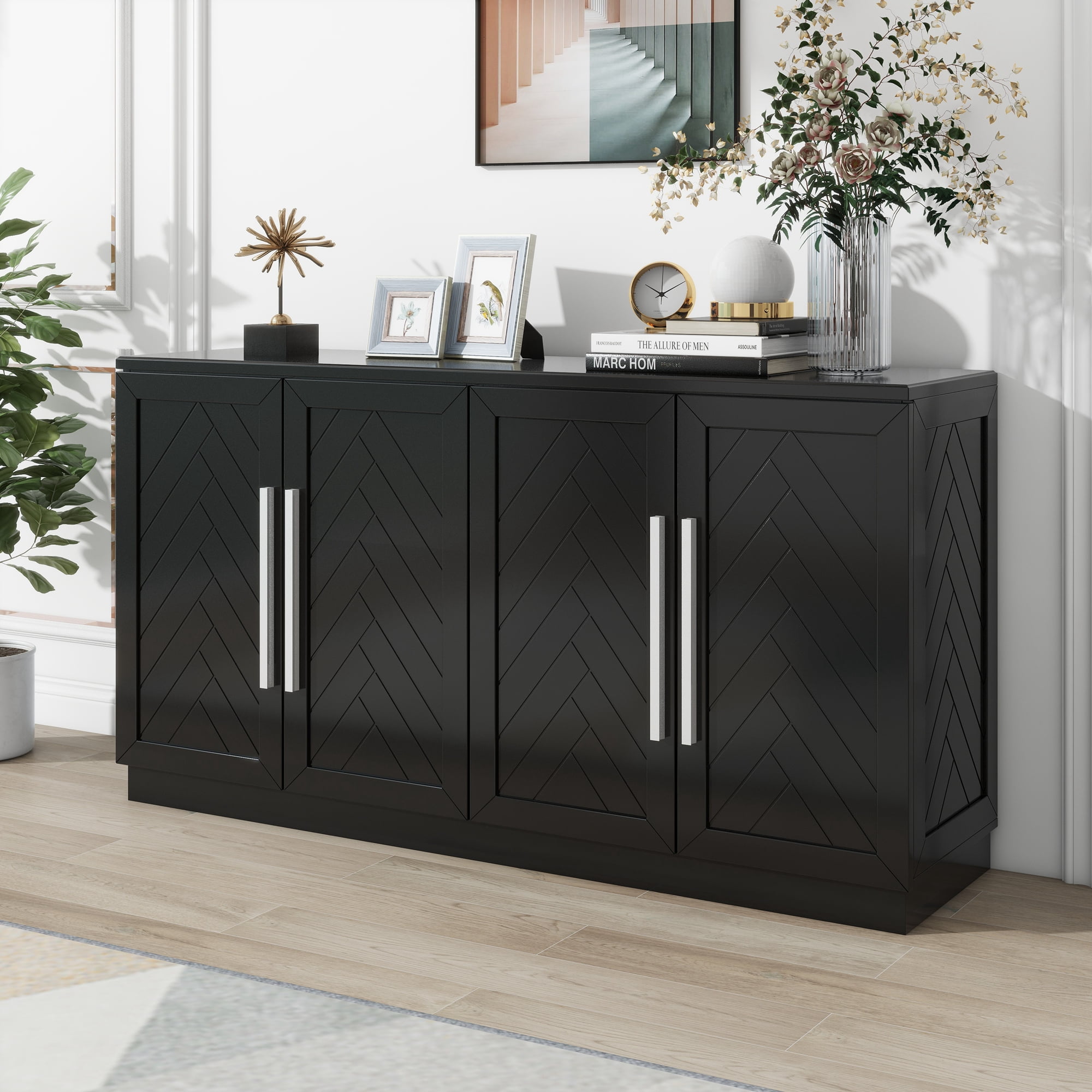 Tensun 60" Black Retro Buffet Cabinet - Storage Unit with Adjustable ...