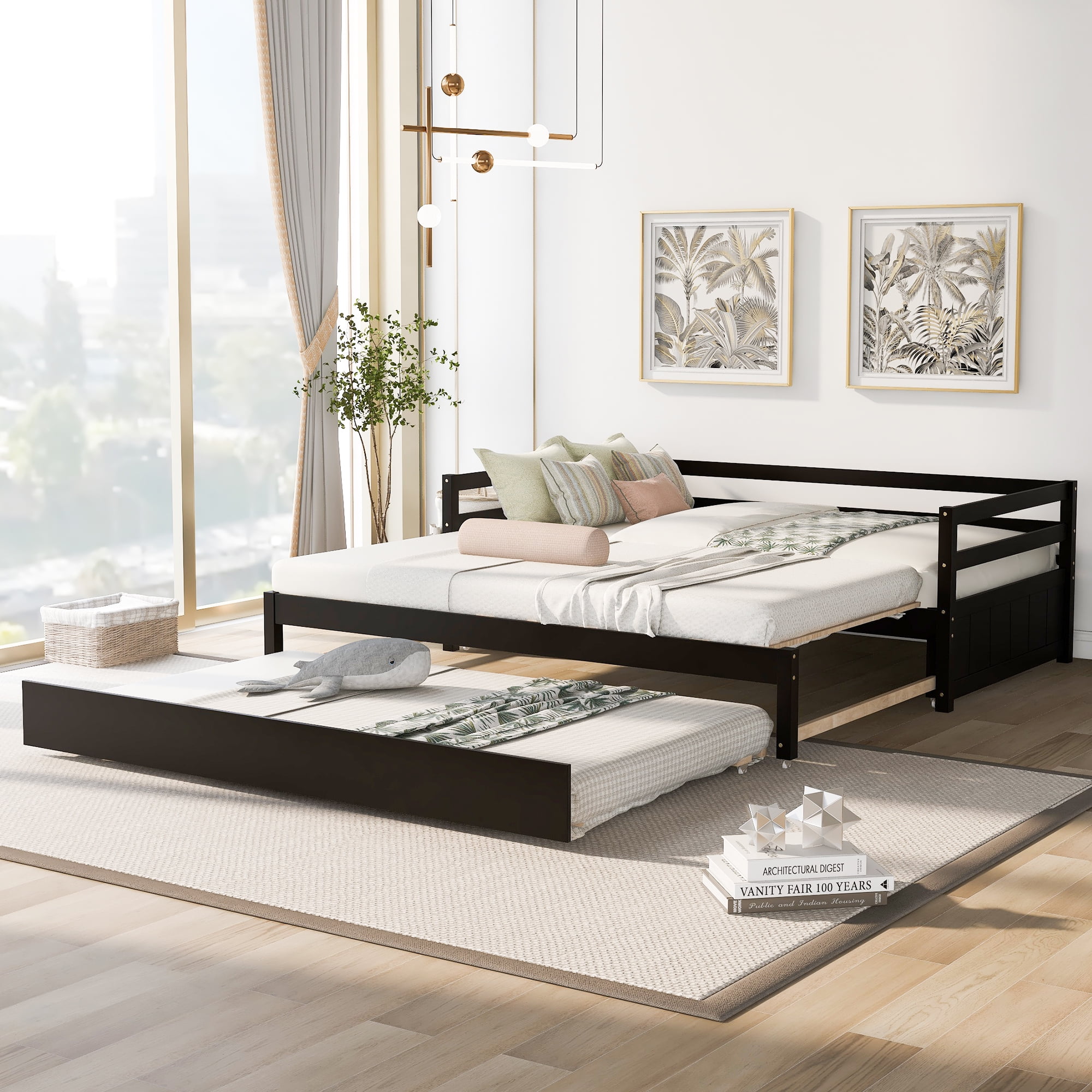 Tensun Espresso Daybed with Trundle, Twin-to-King Extendable Bed, Bedroom Living Room Guest Room ...