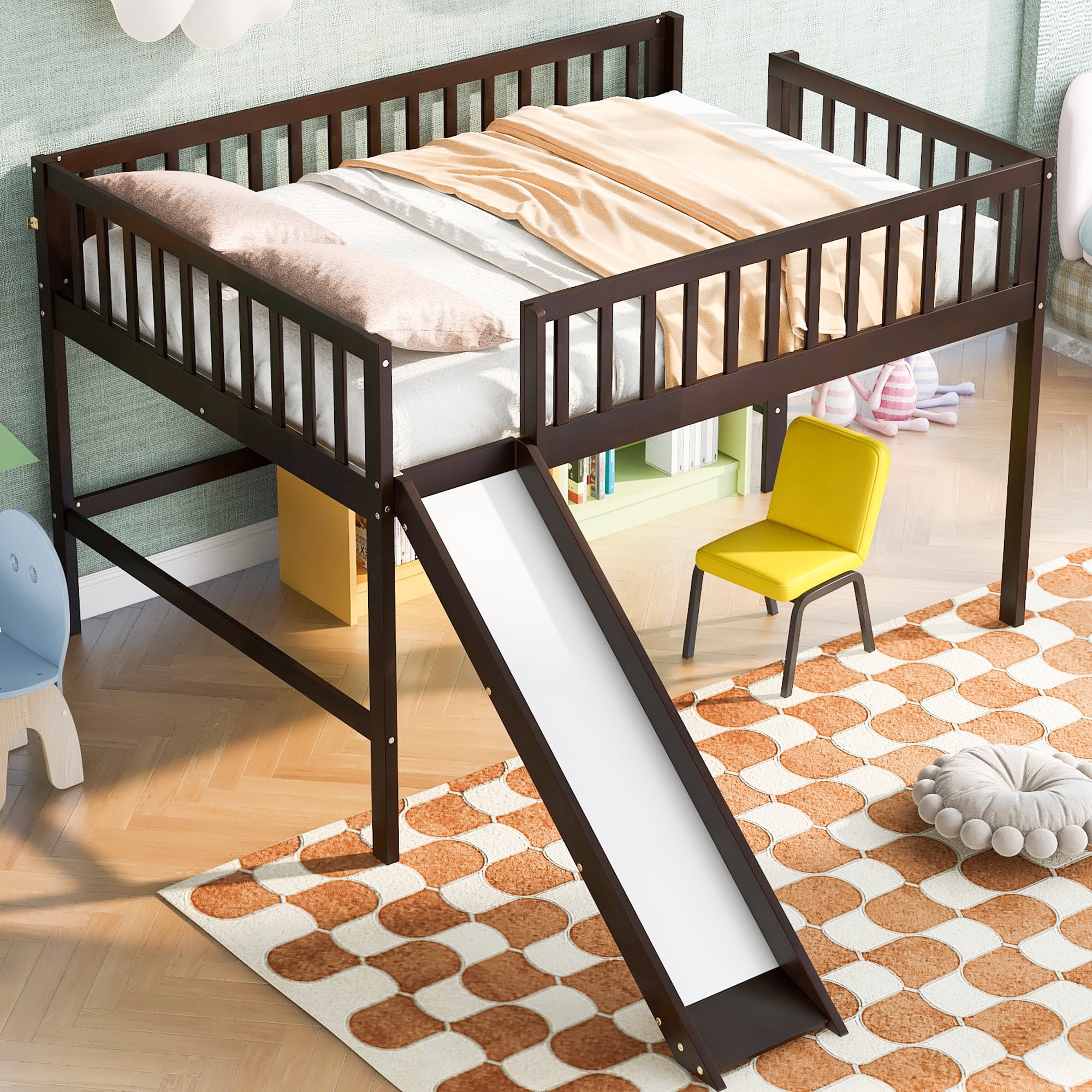 Tensun Espresso Low Loft Bed: Slide, Guardrail, Ladder, Solid Wood ...