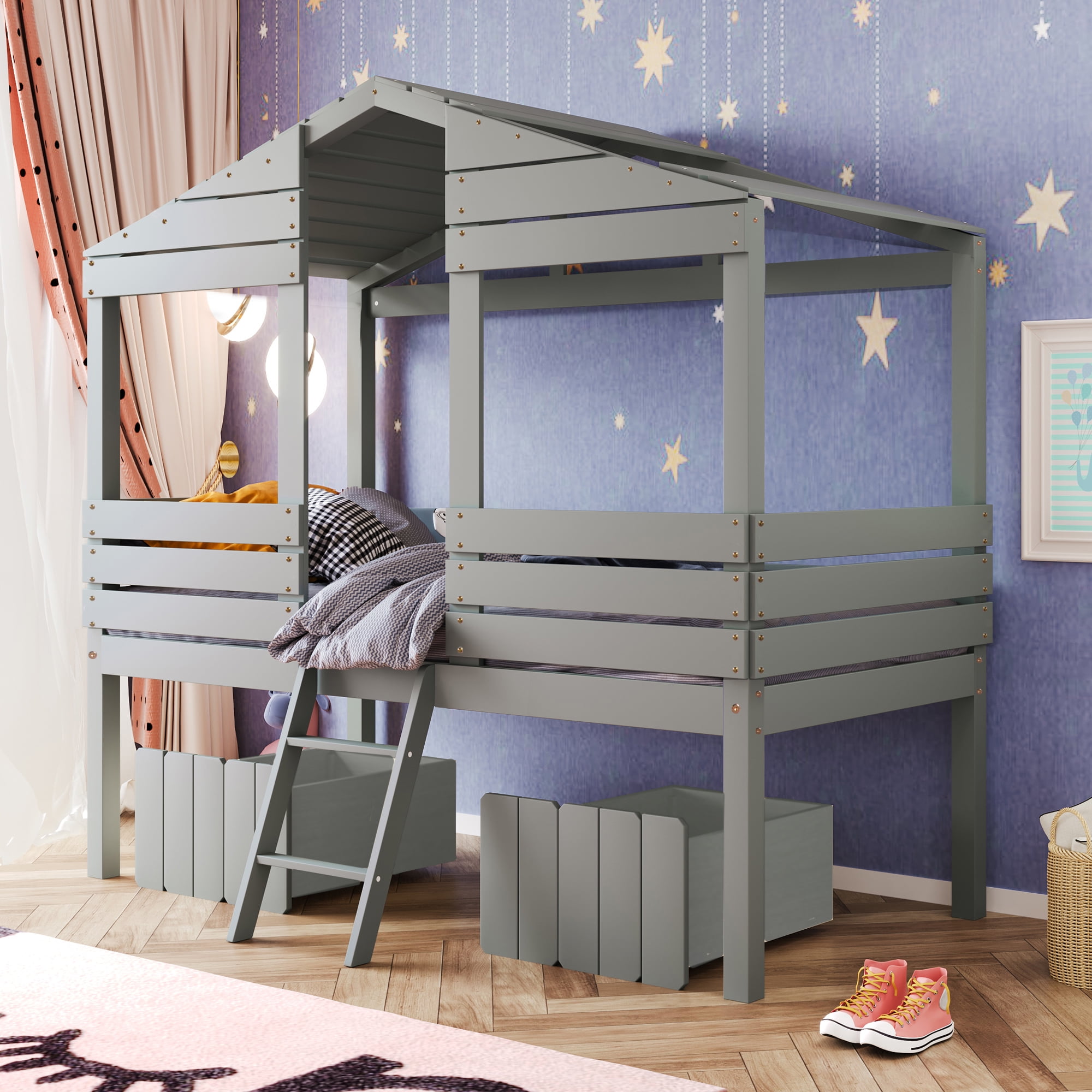Tensun Grey Twin Loft House Bed: Low Loft with 2 Storage Drawers, Roof, Windows. Playful Wood ...
