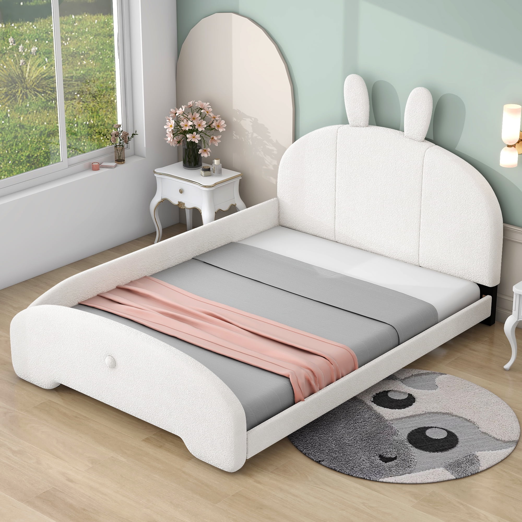Tensun Kids' White Teddy Fleece Full Daybed: Cartoon Ears Headboard ...