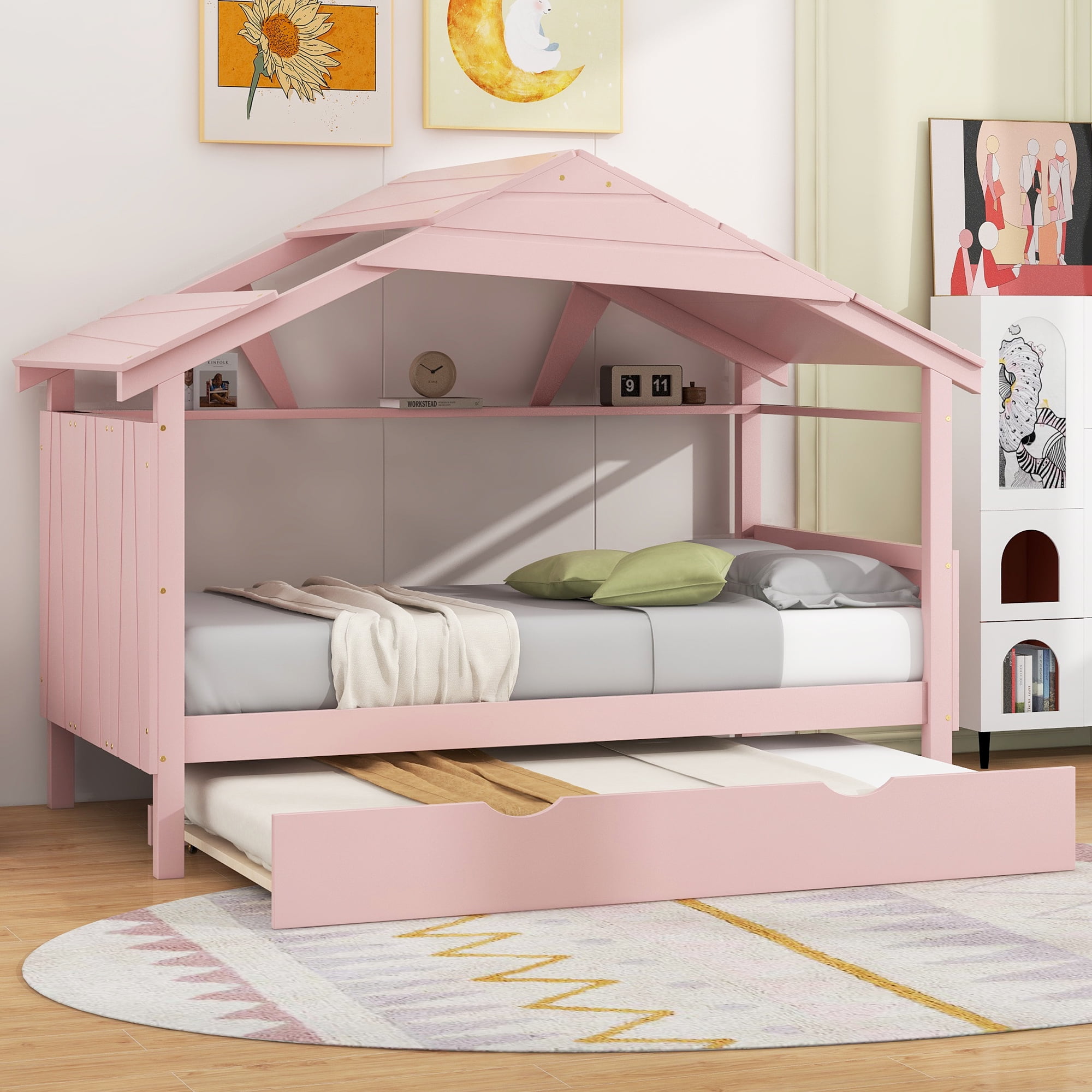 Tensun Pink Kids House Bed with Trundle, Twin Bed with Storage Shelf ...