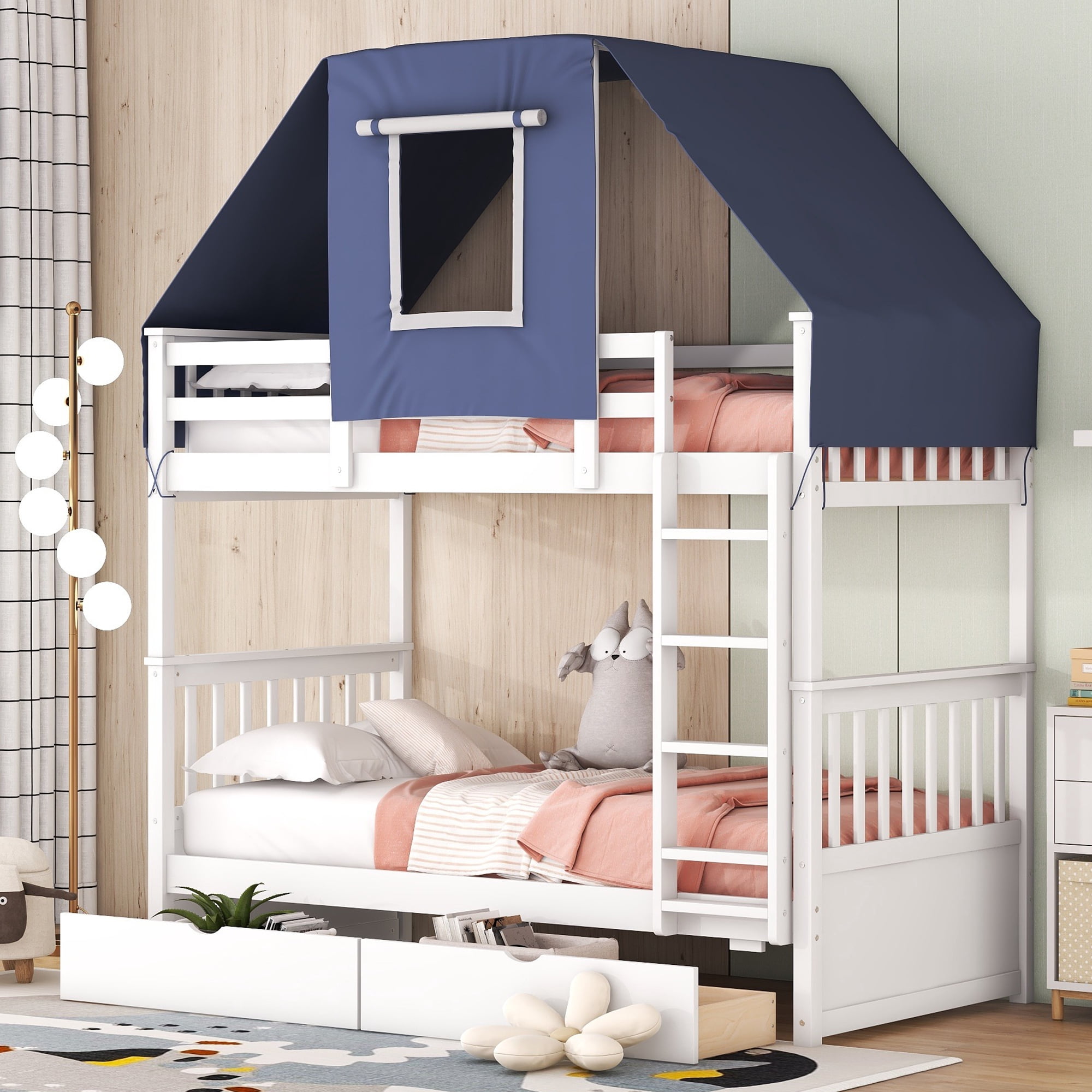 Tensun Twin Over Twin Wood House Bunk Bed with Blue Tent and Storage ...