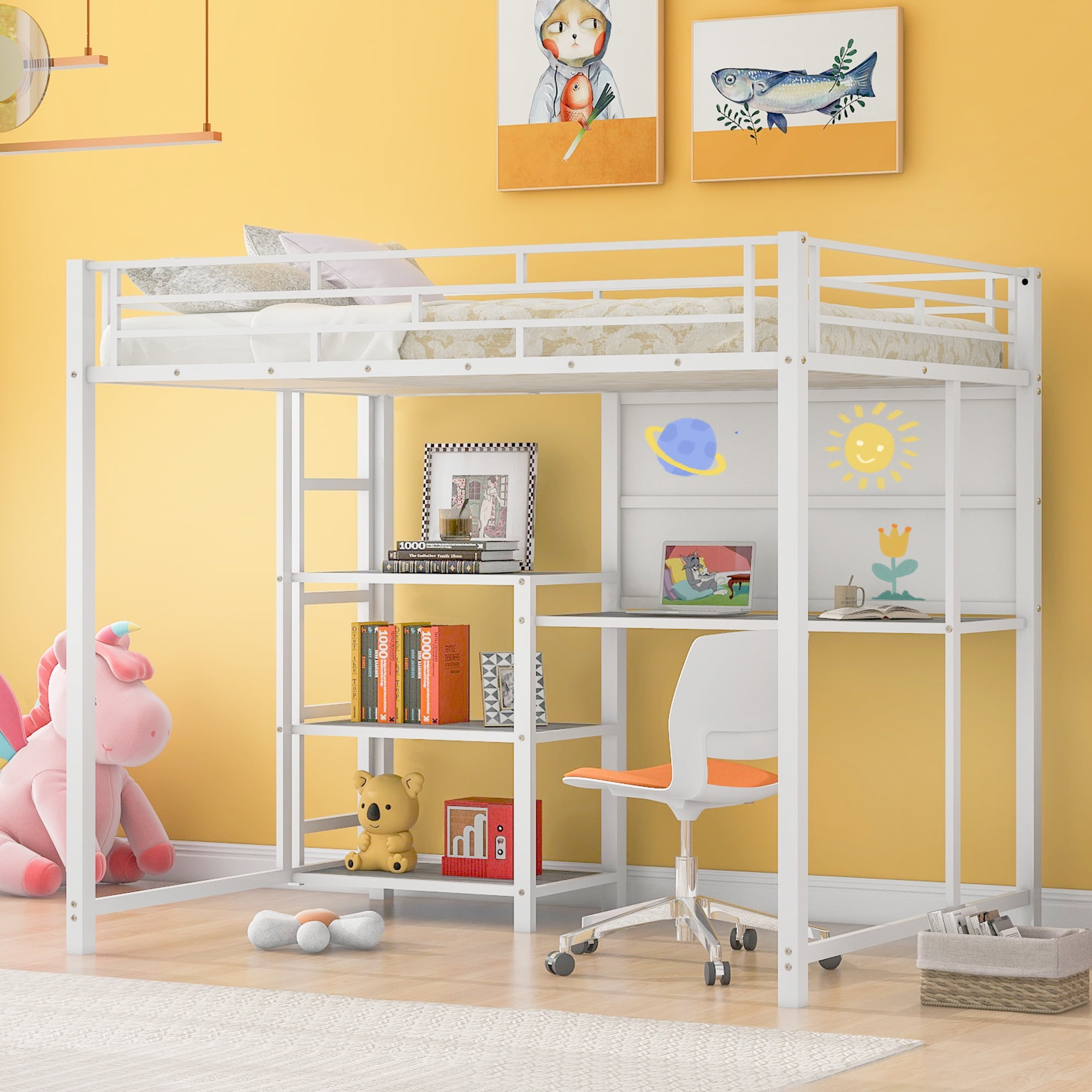 Tensun White Loft Bed: Desk, Whiteboard, Storage Shelves, Under-Bed ...