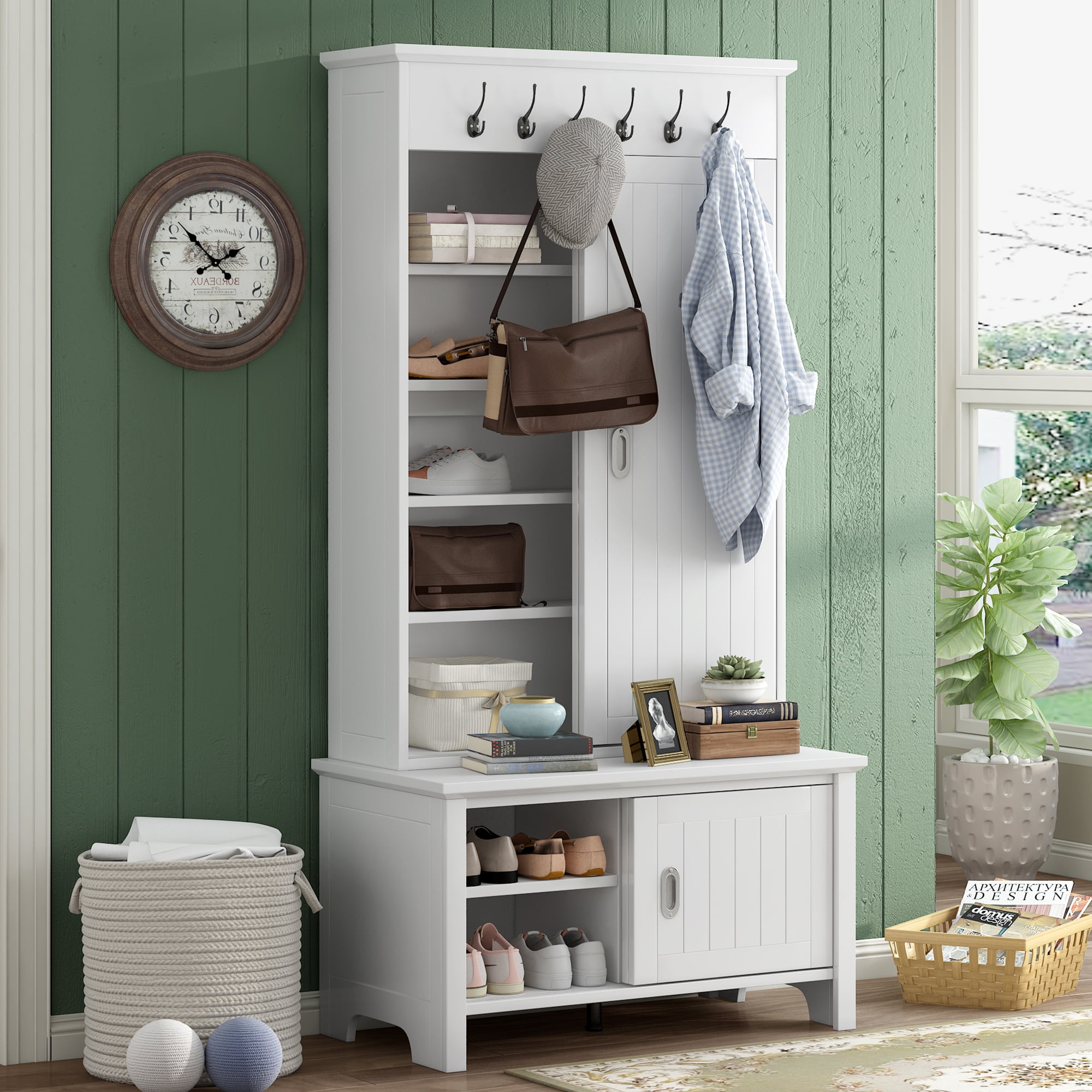 Tensun White Multifunctional Hall Tree: Sliding Doors, Storage Bench, Shelves, Mudroom Coat ...