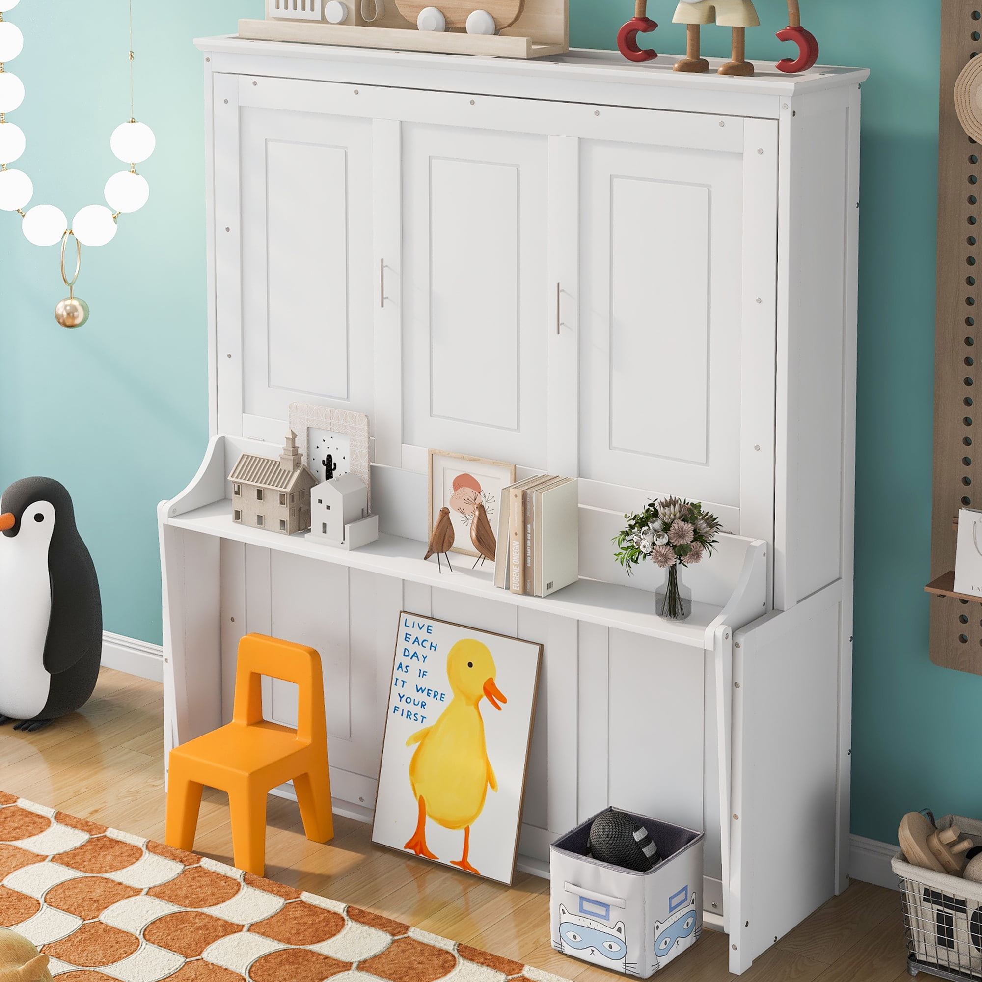 Tensun White Queen Murphy Bed: Wooden Cabinet Wall Bed with Desk, Shelf for Guest Room Bedroom ...