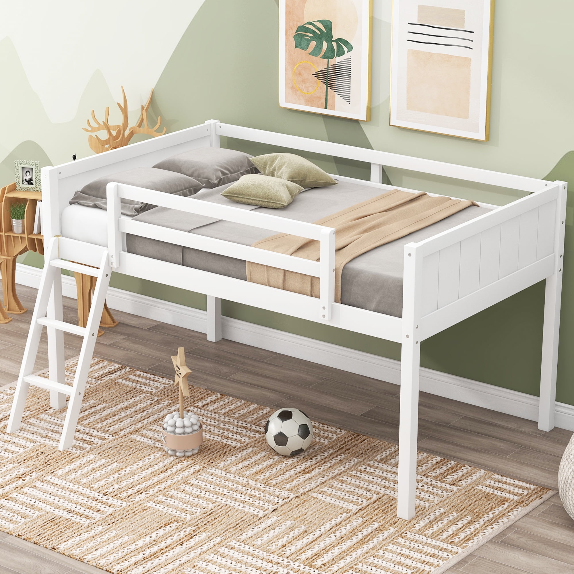 Tensun White Twin Loft Bed: Ladder, Guardrail, Junior Size, Safety ...