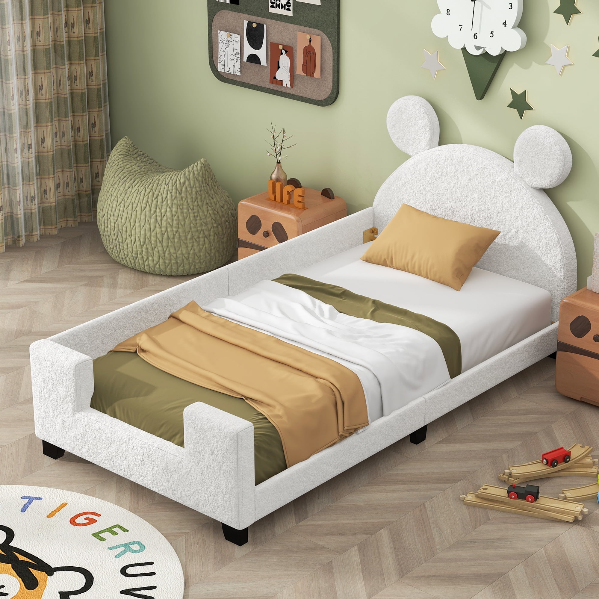 Tensun White Velvet Twin Daybed: Cartoon Ears Shaped Headboard, Low Wood Platform Frame ...