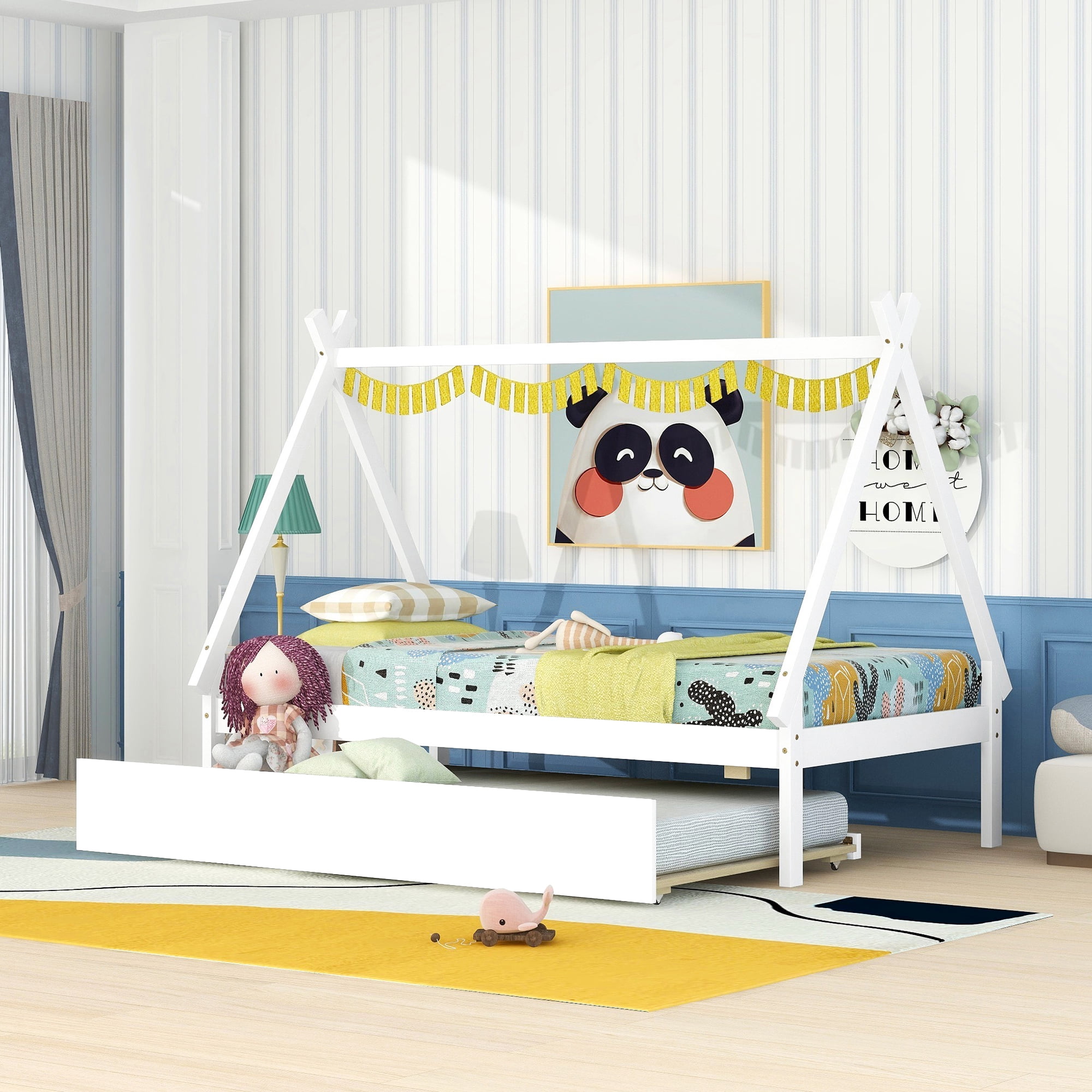 Tent Bed for Kids, Twin Floor Bed Frame with Trundle, Pine Wood Bed ...