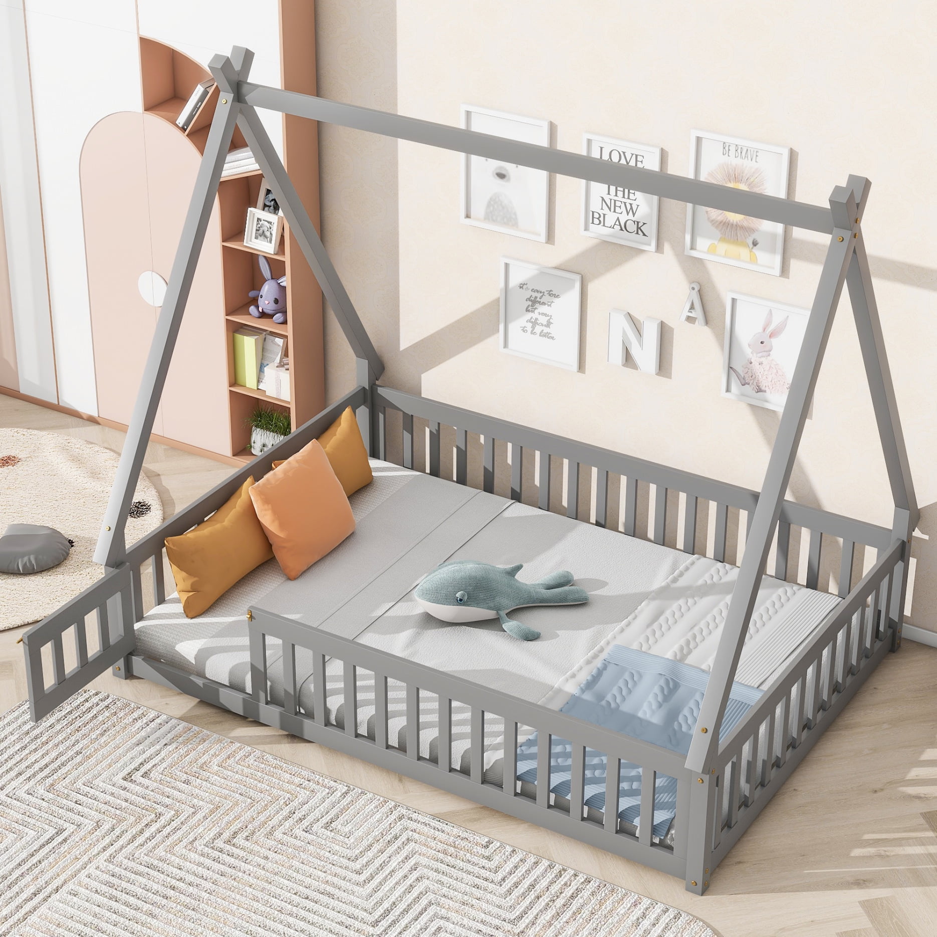 Tent-Shaped Floor Bed with Fence Guardrails & Slats, Grey Finish ...