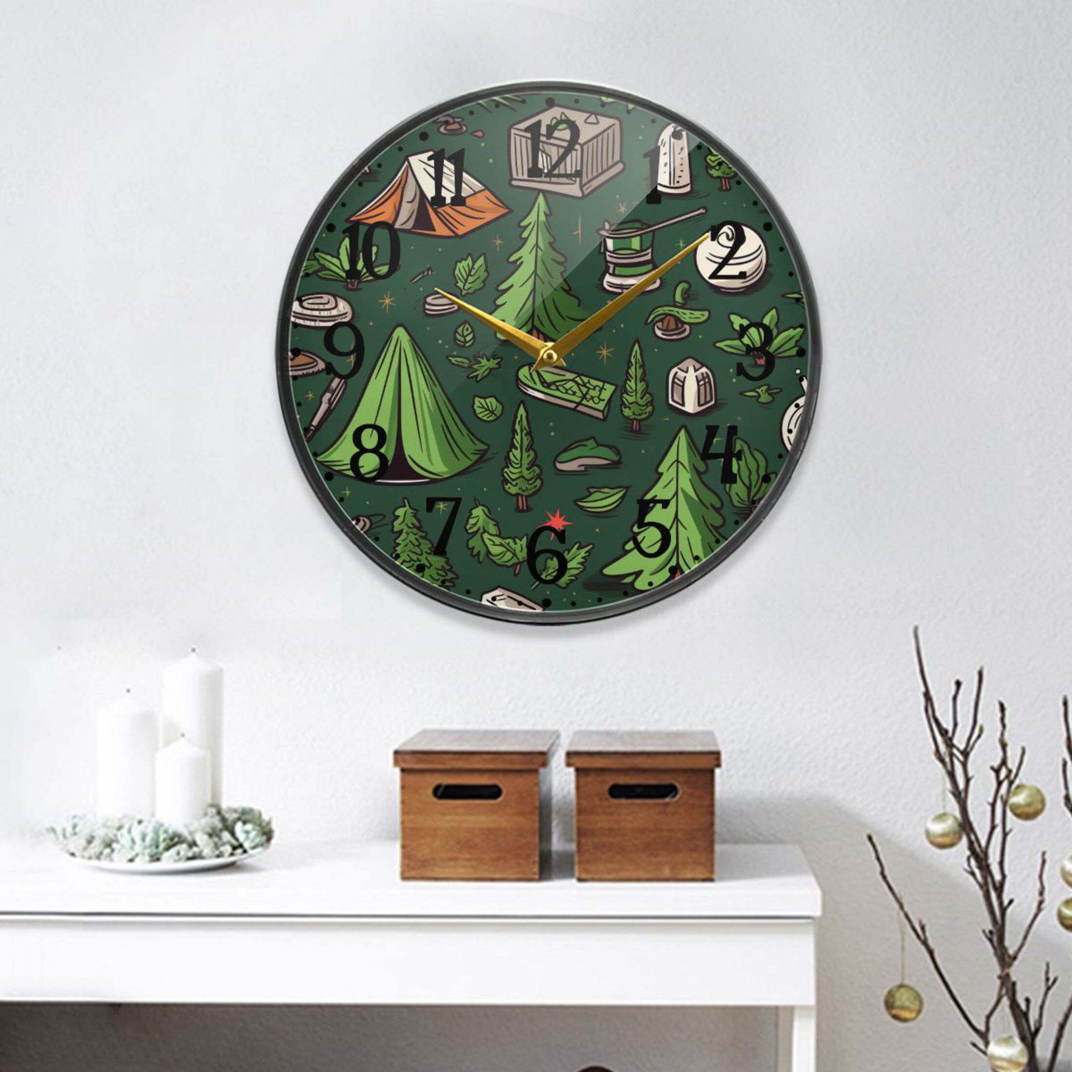 Tent Tree Camping Equipment Round Wall Clock 9.5 Inch Non-Ticking ...