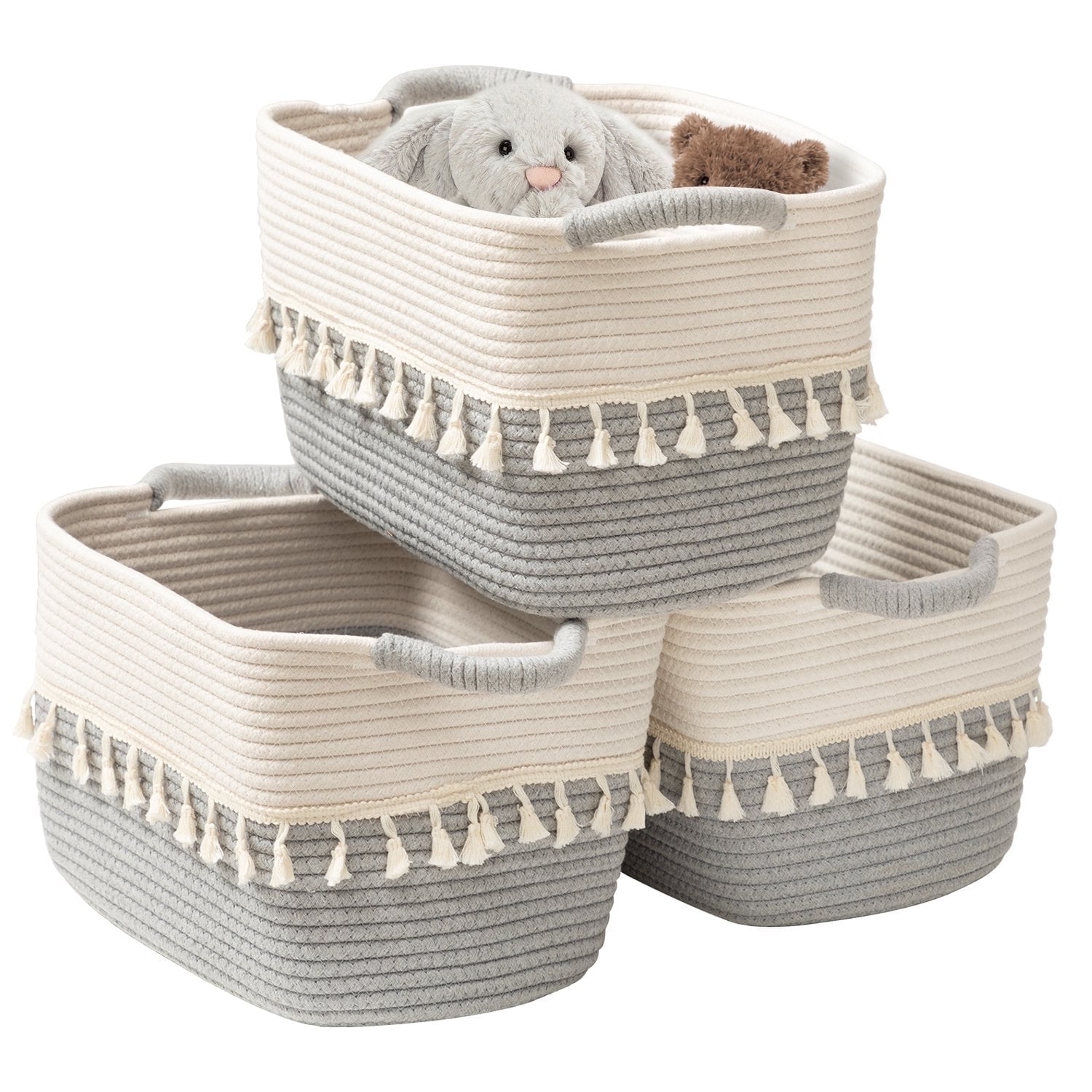 TeoKJ Bohemian 3 Pack Cotton Rattan Basket, Decorative Woven Storage ...