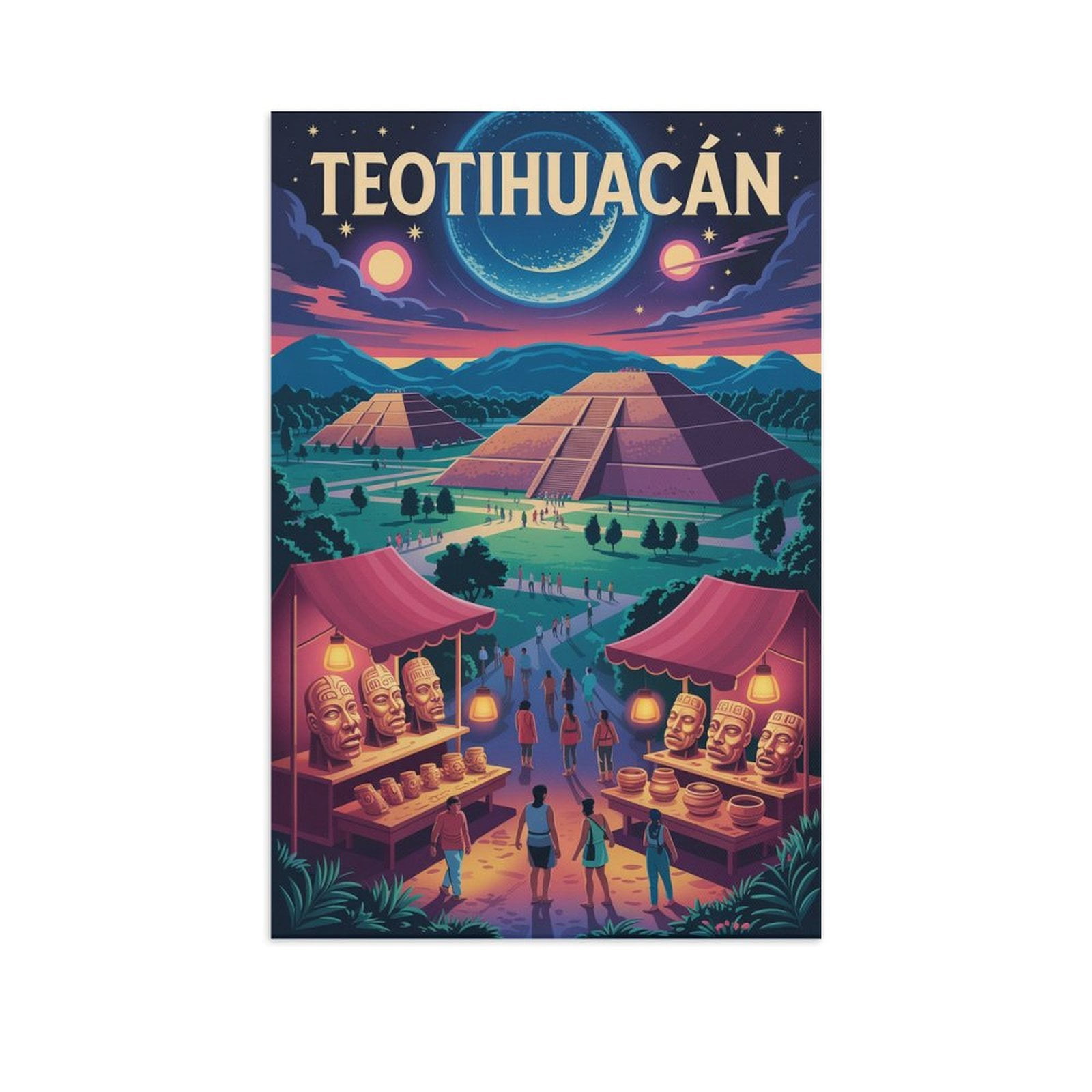 Teotihuacan Retro City Travel Poster with Starry Pyramids And Ancient ...